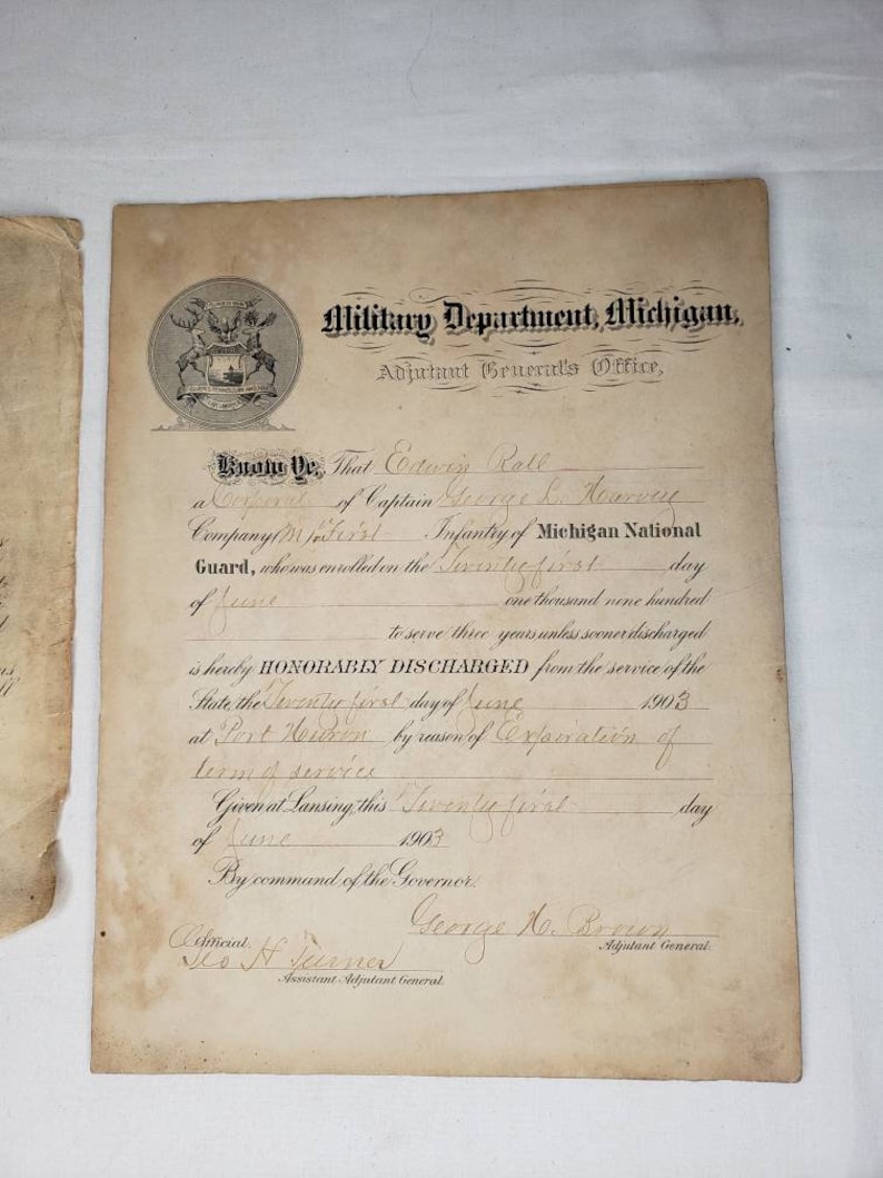 Michigan National Guard 1902-1903 Enlistment and Discharge Papers US ...