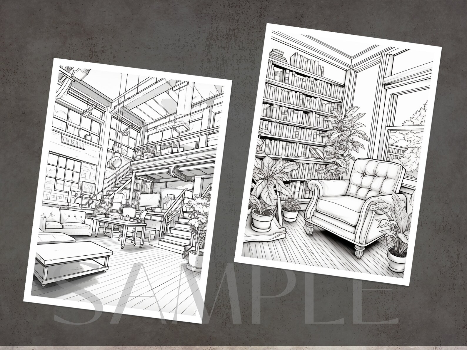 Home Interior Coloring Book Adults and Kids Coloring Pages, Grayscale ...