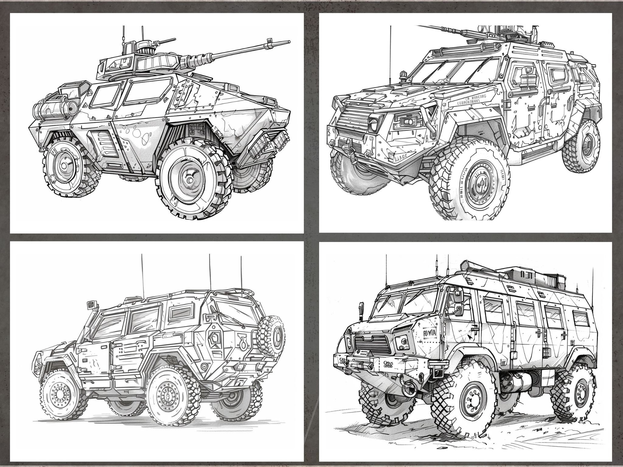 Military Vehicle Coloring Book Adults/kids Coloring Pages, Grayscale ...
