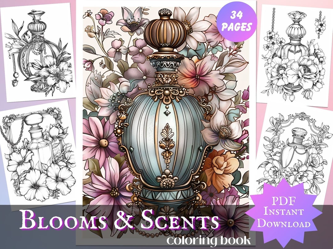 Blooms & Scents: Perfume Bottles Coloring Book- Adults/kids Coloring ...