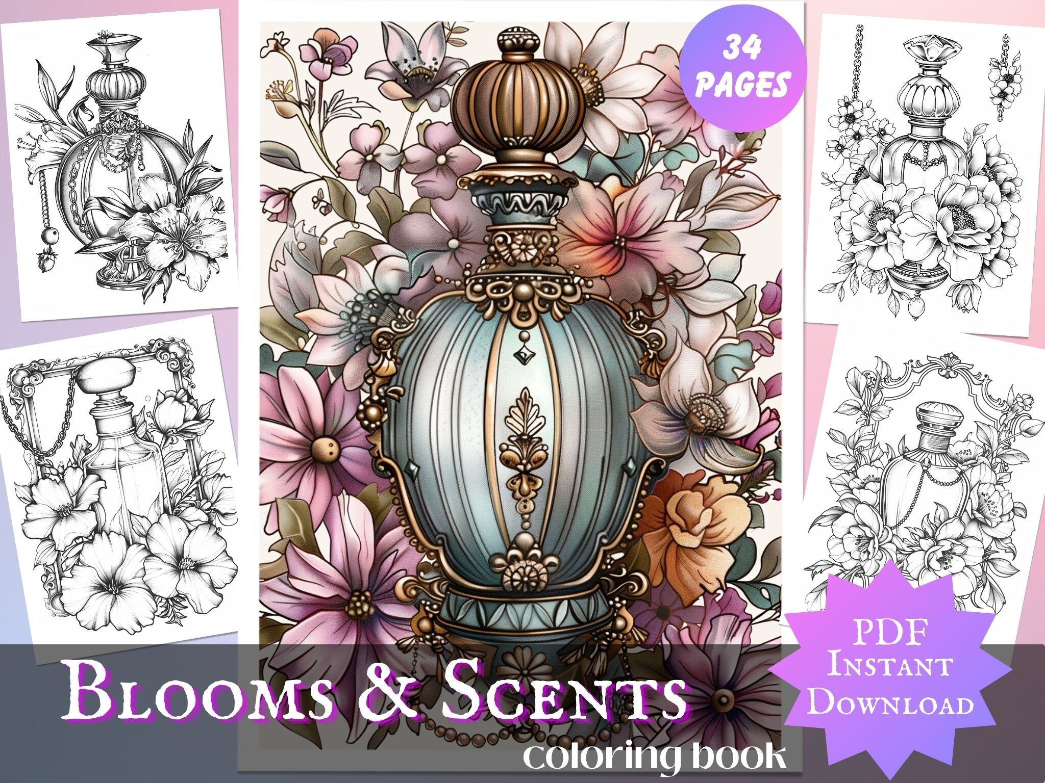 Blooms & Scents: Perfume Bottles Coloring Book Adults/kids Coloring ...