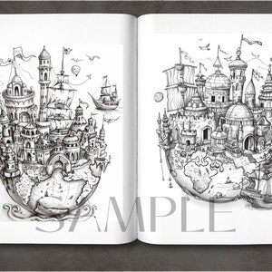 Travel the World Coloring Book- Adults/kids Coloring Pages, Grayscale ...