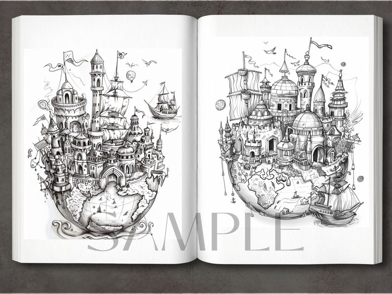 Travel the World Coloring Book Adults/kids Coloring Pages, Grayscale ...