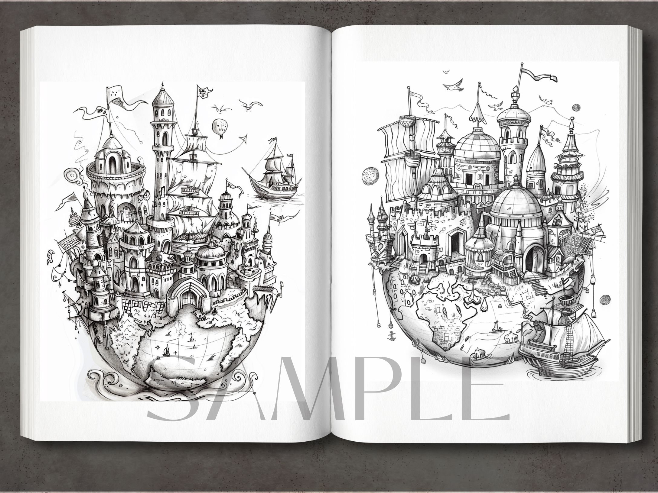 Travel the World Coloring Book Adults/kids Coloring Pages, Grayscale ...
