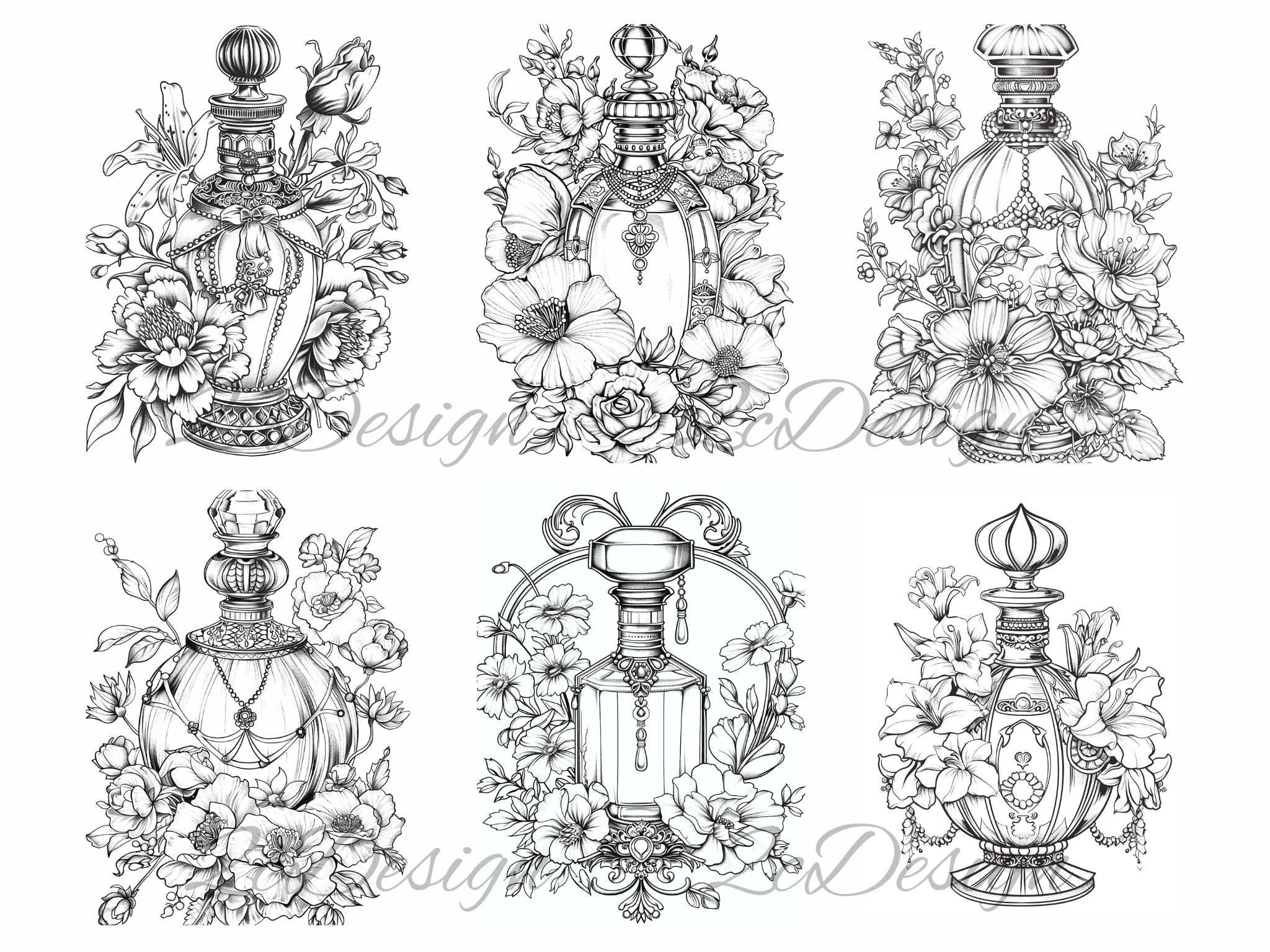 Blooms & Scents: Perfume Bottles Coloring Book Adults/kids Coloring ...