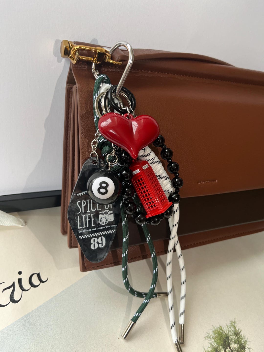 Stylish Bag Charm With Telephone Booth, Beads, #8 Billiard, Heart ...