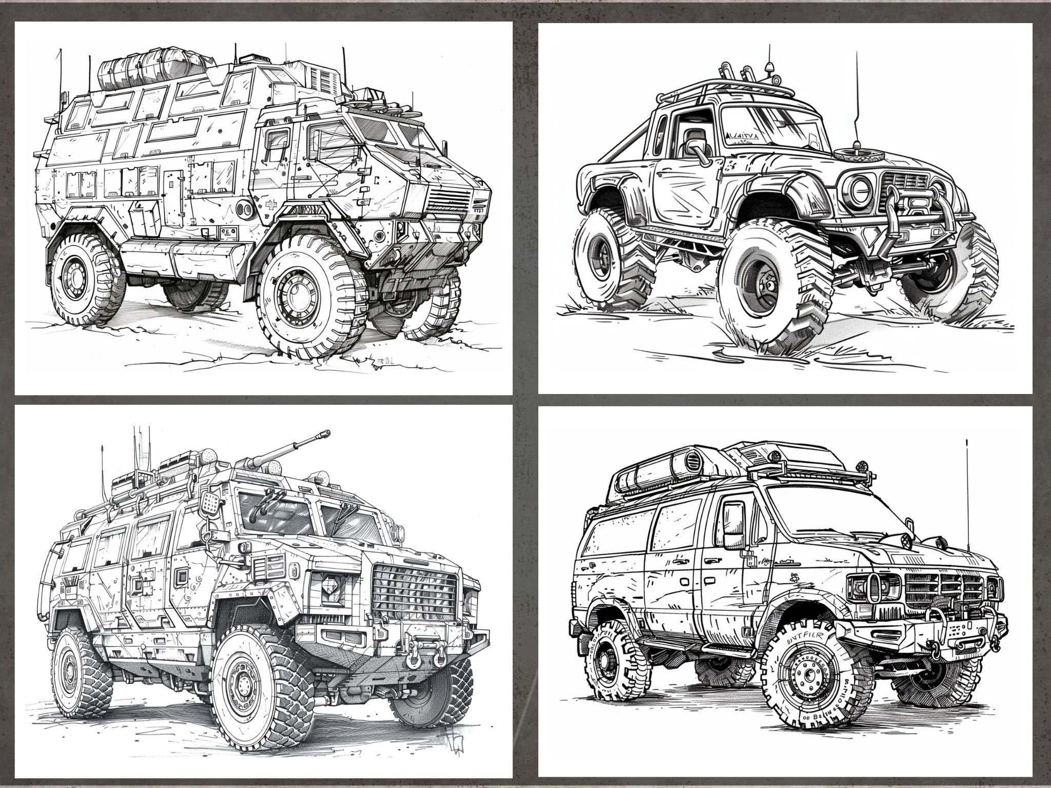 Military Vehicle Coloring Book- Adults/kids Coloring Pages, Grayscale ...