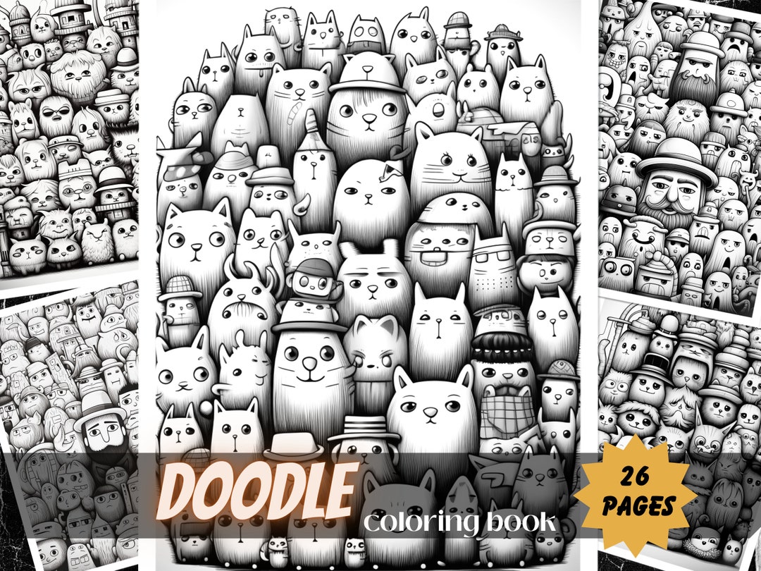 Doodle Coloring Book - Adults Kids Coloring Pages, Grayscale Coloring ...