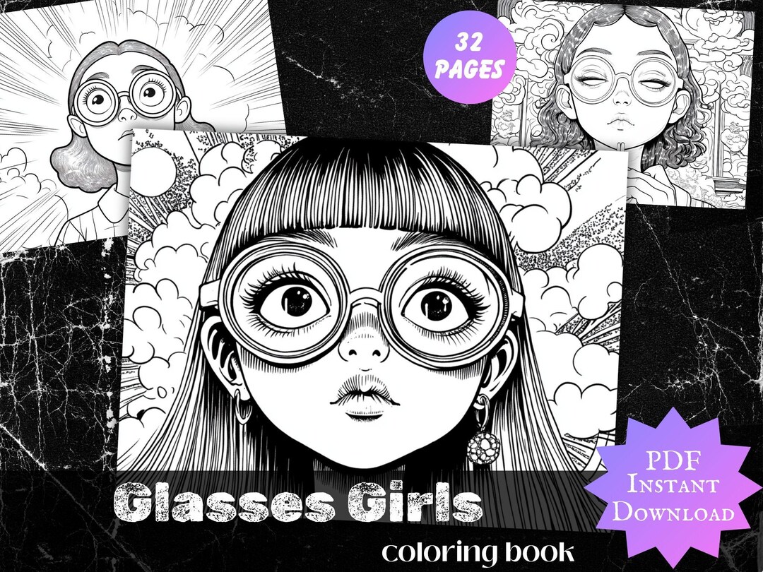 Glasses Girls Coloring Book - Adults Kids Coloring Pages, Instant ...