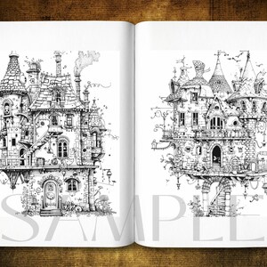 Whimsical Building Coloring Book Adults/kids Coloring Pages, Grayscale ...