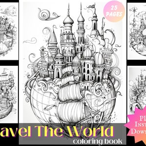 Travel the World Coloring Book Adults/kids Coloring Pages, Grayscale ...