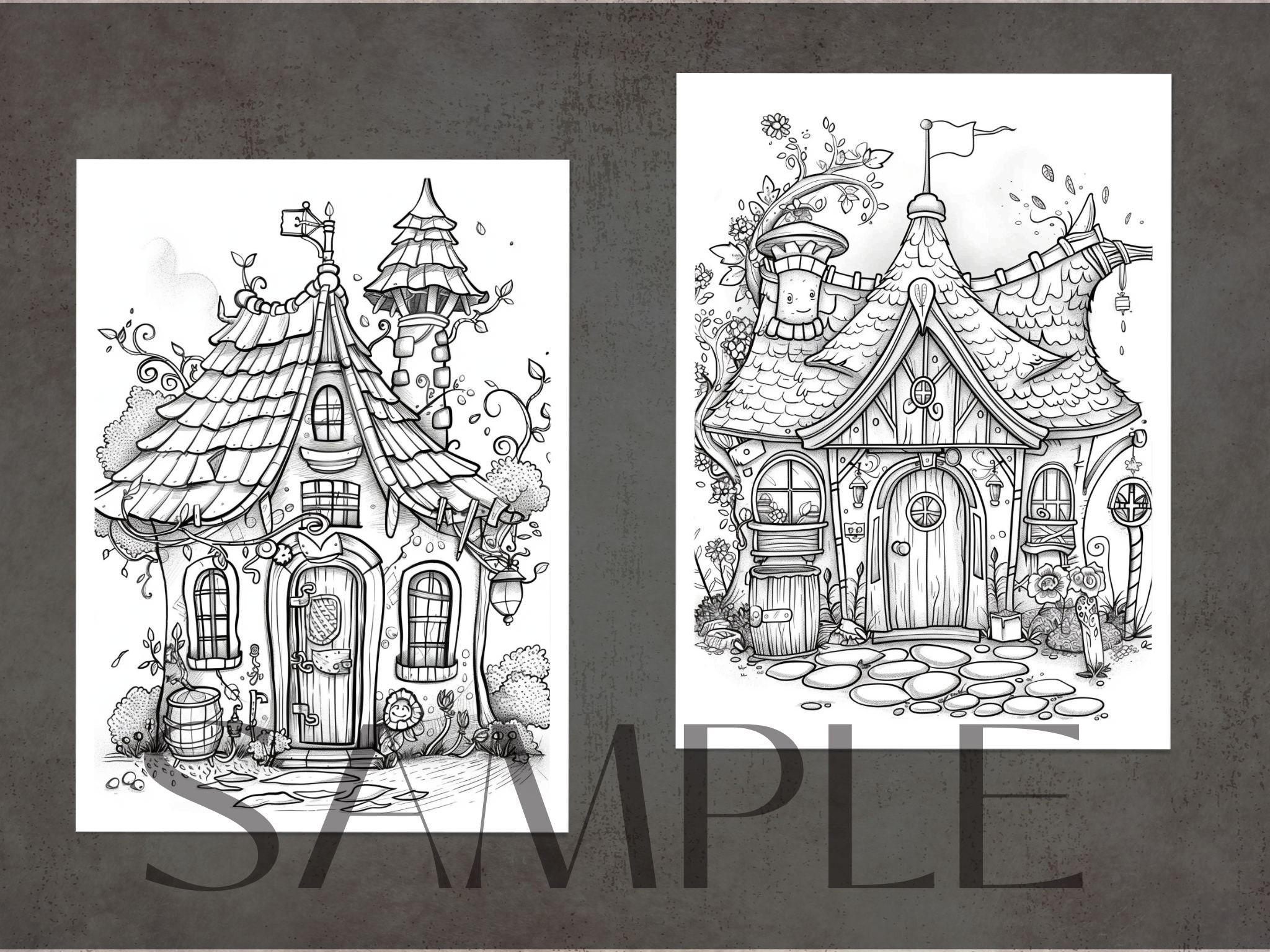 Doodle House Coloring Book Adults/kids Coloring Pages, Grayscale ...