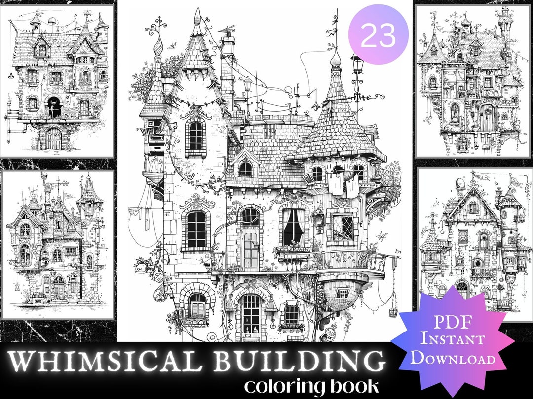 Whimsical Building Coloring Book- Adults/kids Coloring Pages, Grayscale ...