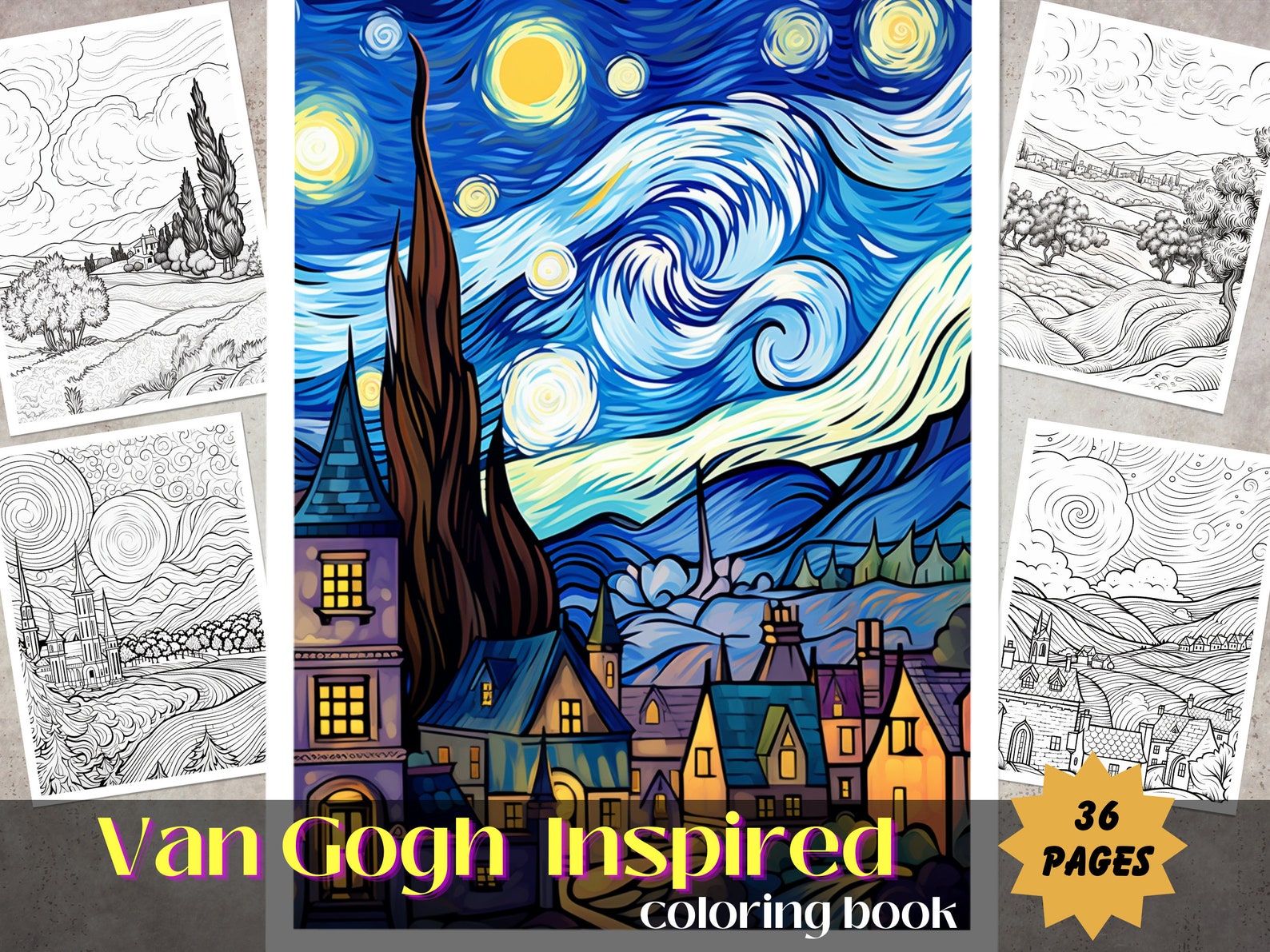 Van Gogh Inspired Coloring Book- Adults/kids Coloring Pages, Grayscale ...