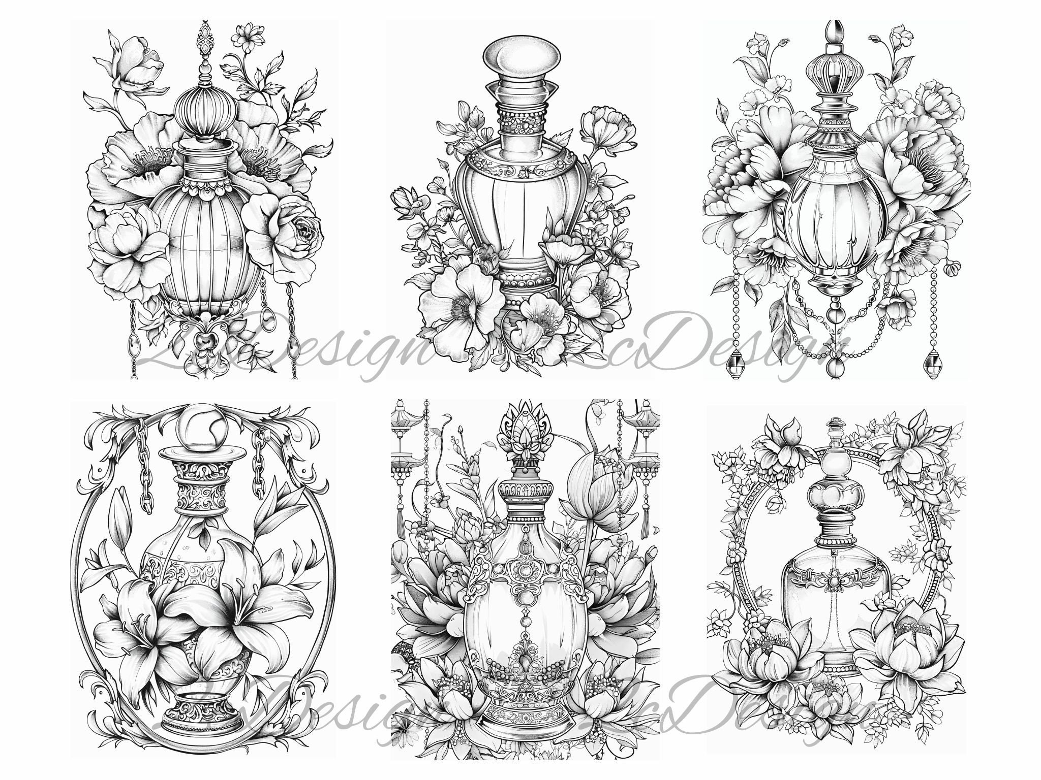 Blooms & Scents: Perfume Bottles Coloring Book Adults/kids Coloring ...