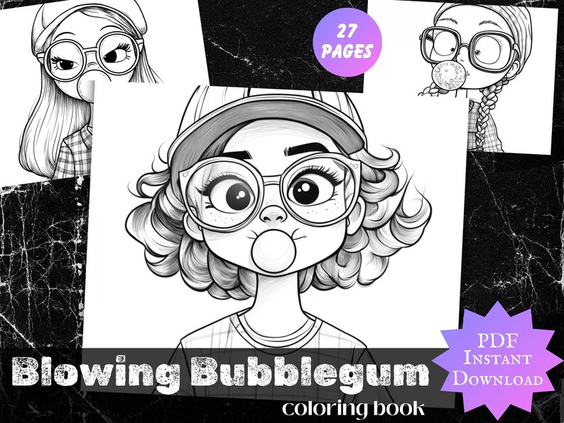 Blowing Bubblegum Coloring Book Adults Kids Coloring Pages, Instant ...