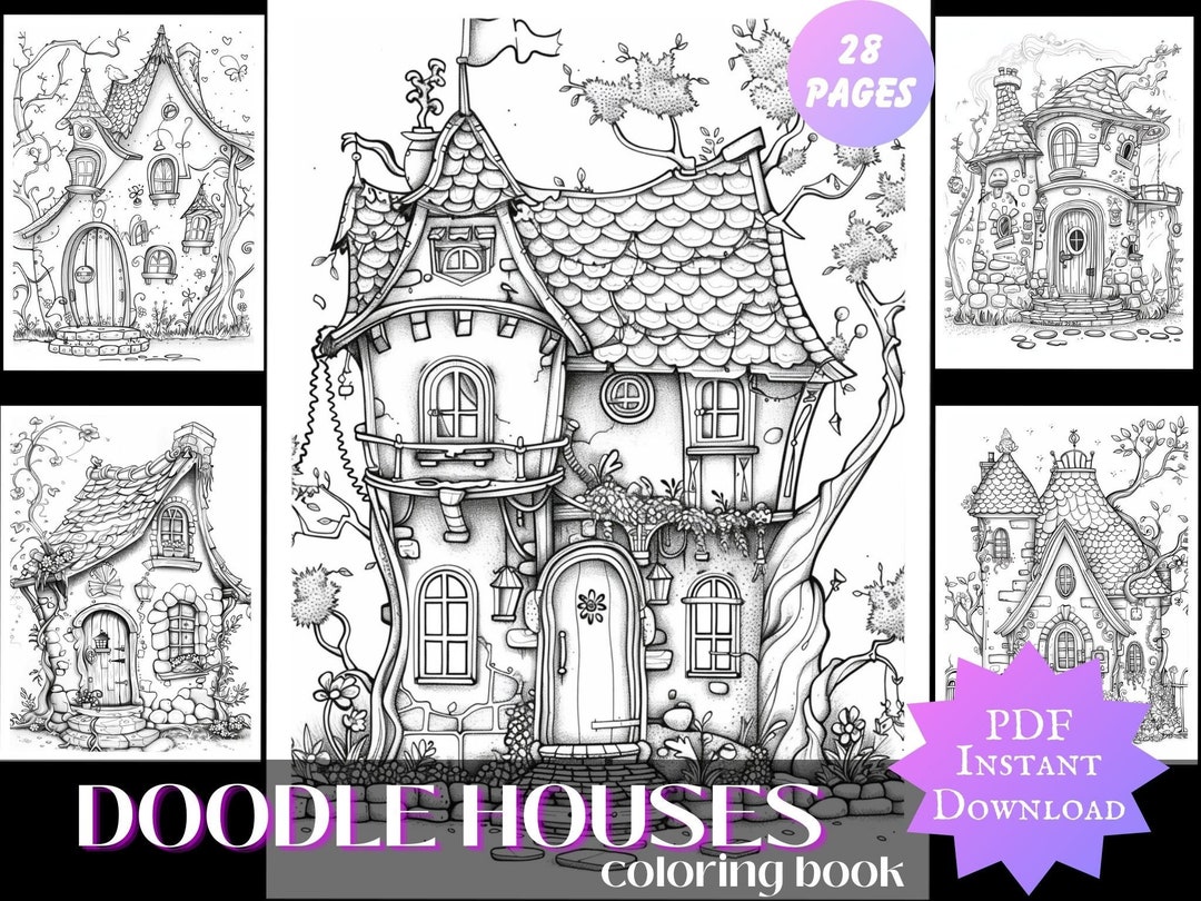 Doodle House Coloring Book- Adults/kids Coloring Pages, Grayscale ...