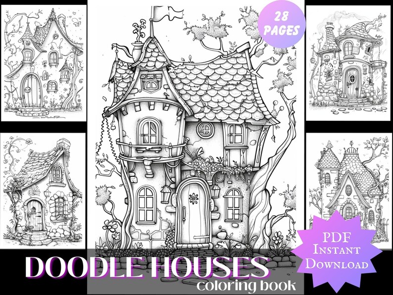 Doodle House Coloring Book Adults/kids Coloring Pages, Grayscale ...