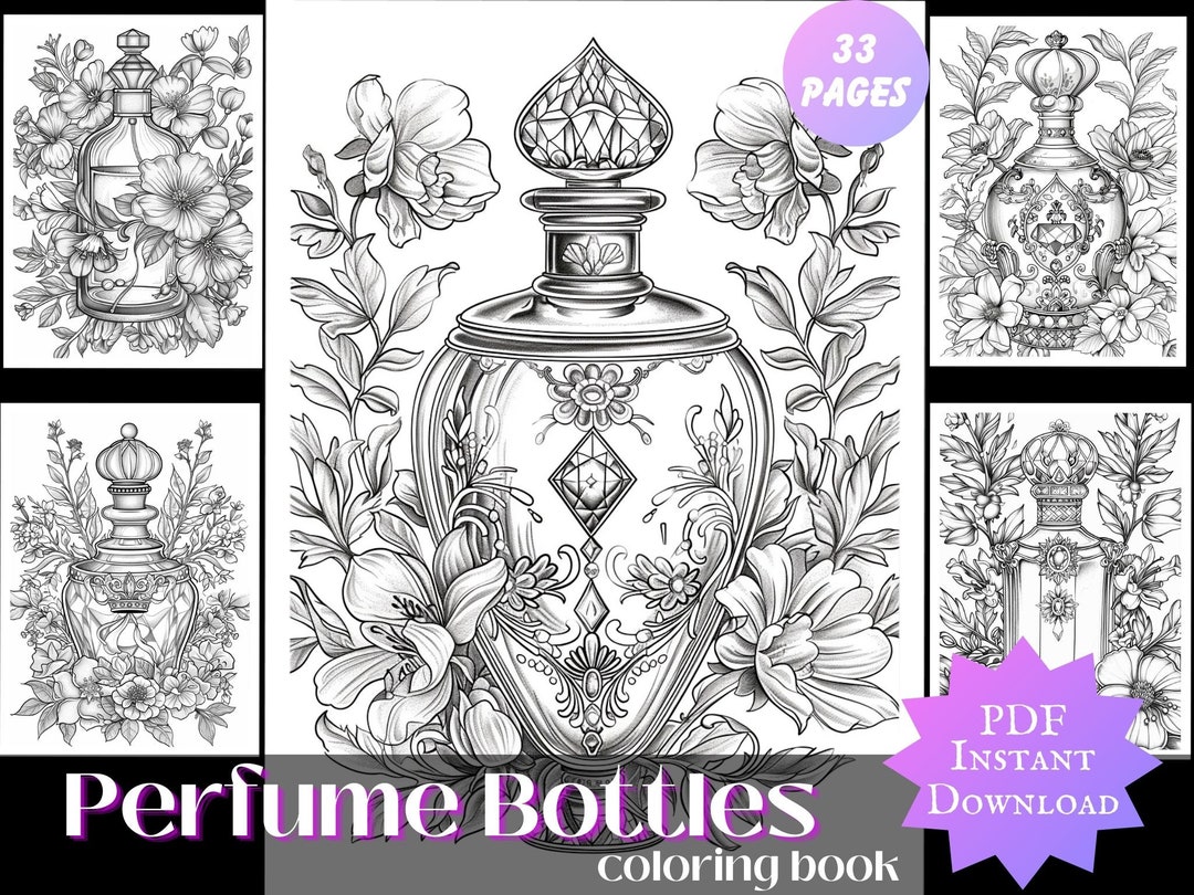 Perfume Bottles Coloring Book- Adults/kids Coloring Pages, Grayscale ...