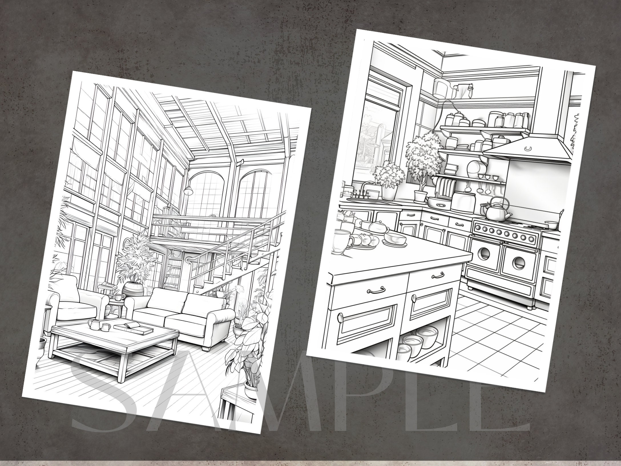 Home Interior Coloring Book Adults and Kids Coloring Pages, Grayscale ...