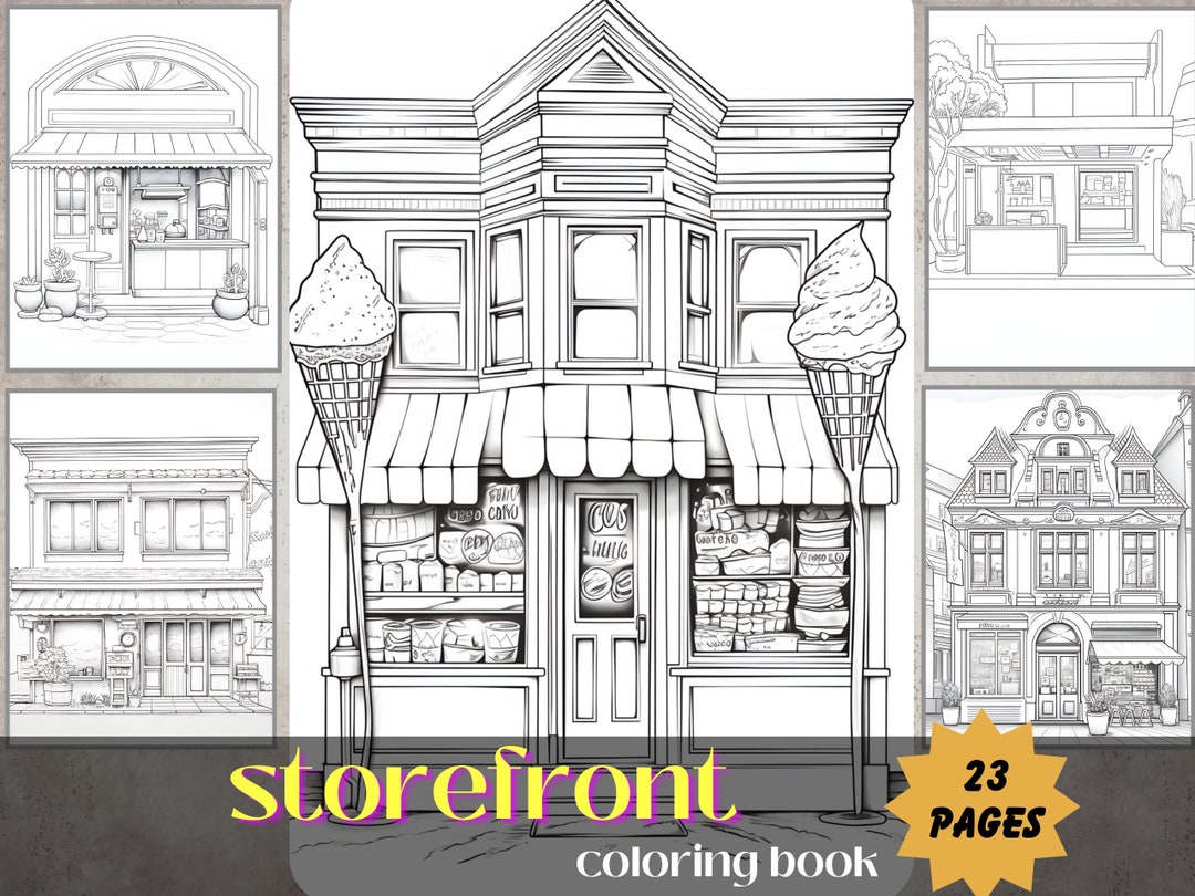 Storefronts Coloring Book - Adults / Kids Coloring Pages, Grayscale ...