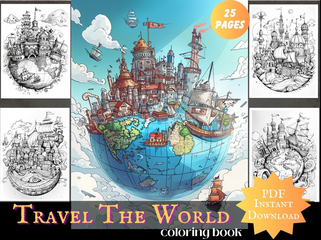 Travel the World Coloring Book- Adults/kids Coloring Pages, Grayscale ...
