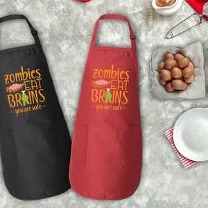 Scary Halloween Kitchen Apron, Zombies Eat Brains You're Safe, Funny ...
