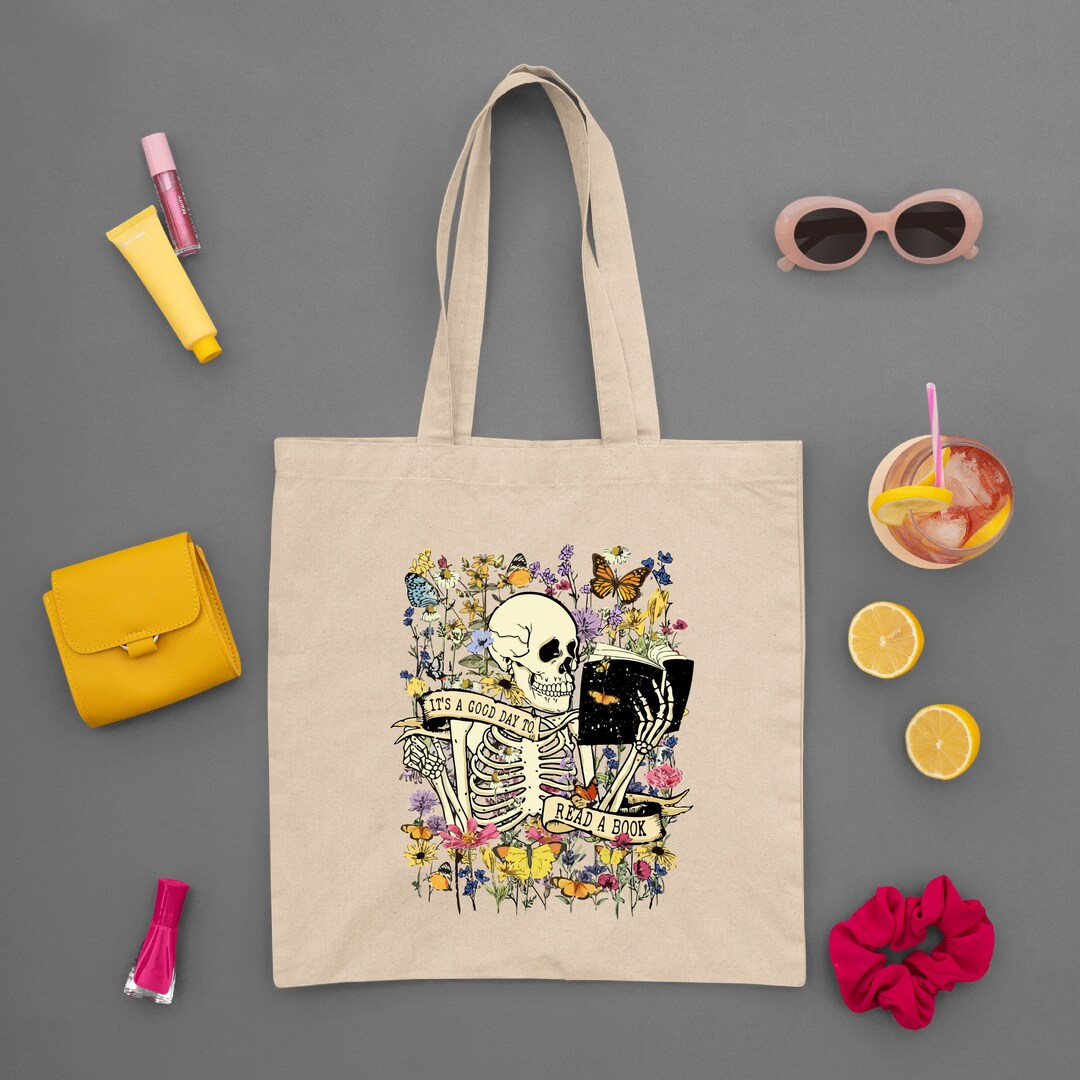 Reading Skeleton Book Bag,funny Book Lover Tote,halloween Skeleton ...