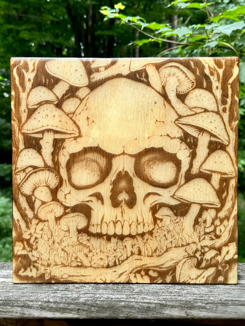 Wall Art, Wood Burned Wall Art of Skull and Mushrooms - Etsy