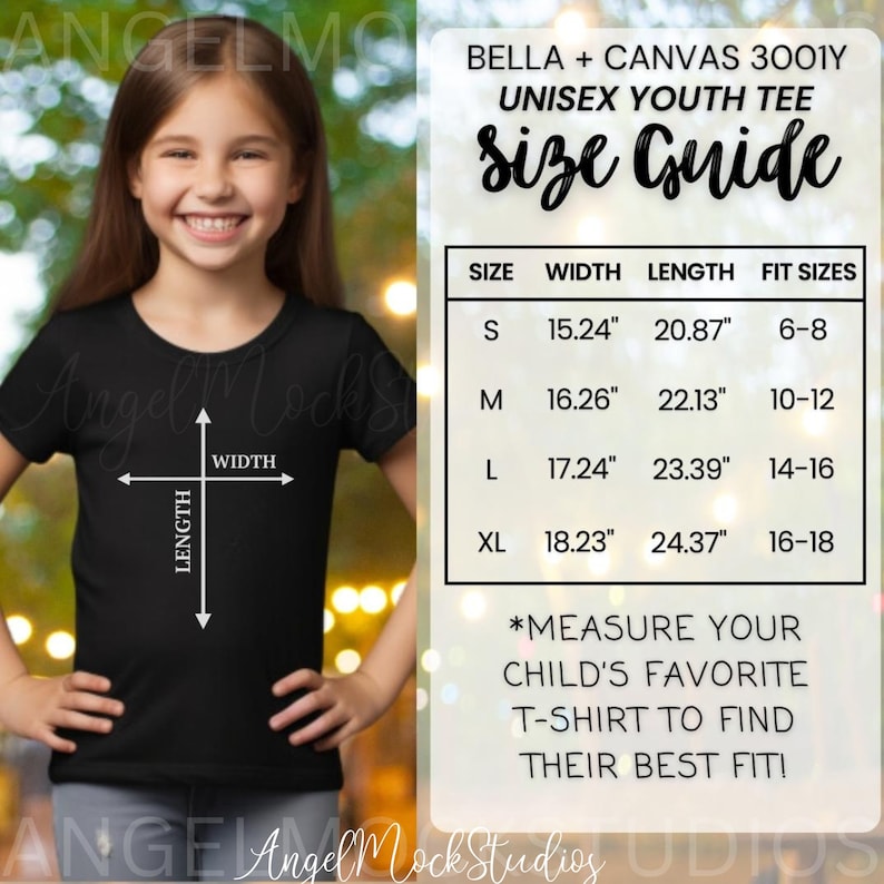 Bella Canvas 3001Y Youth T-shirt Size Chart, Size Guide, T-shirt Measurements, Kids Shirt Sizing ...