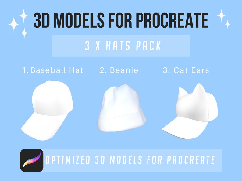 3 X Hats 3D Procreate Model Pack Baseball Hat Beanie Cat Ears 3D ...
