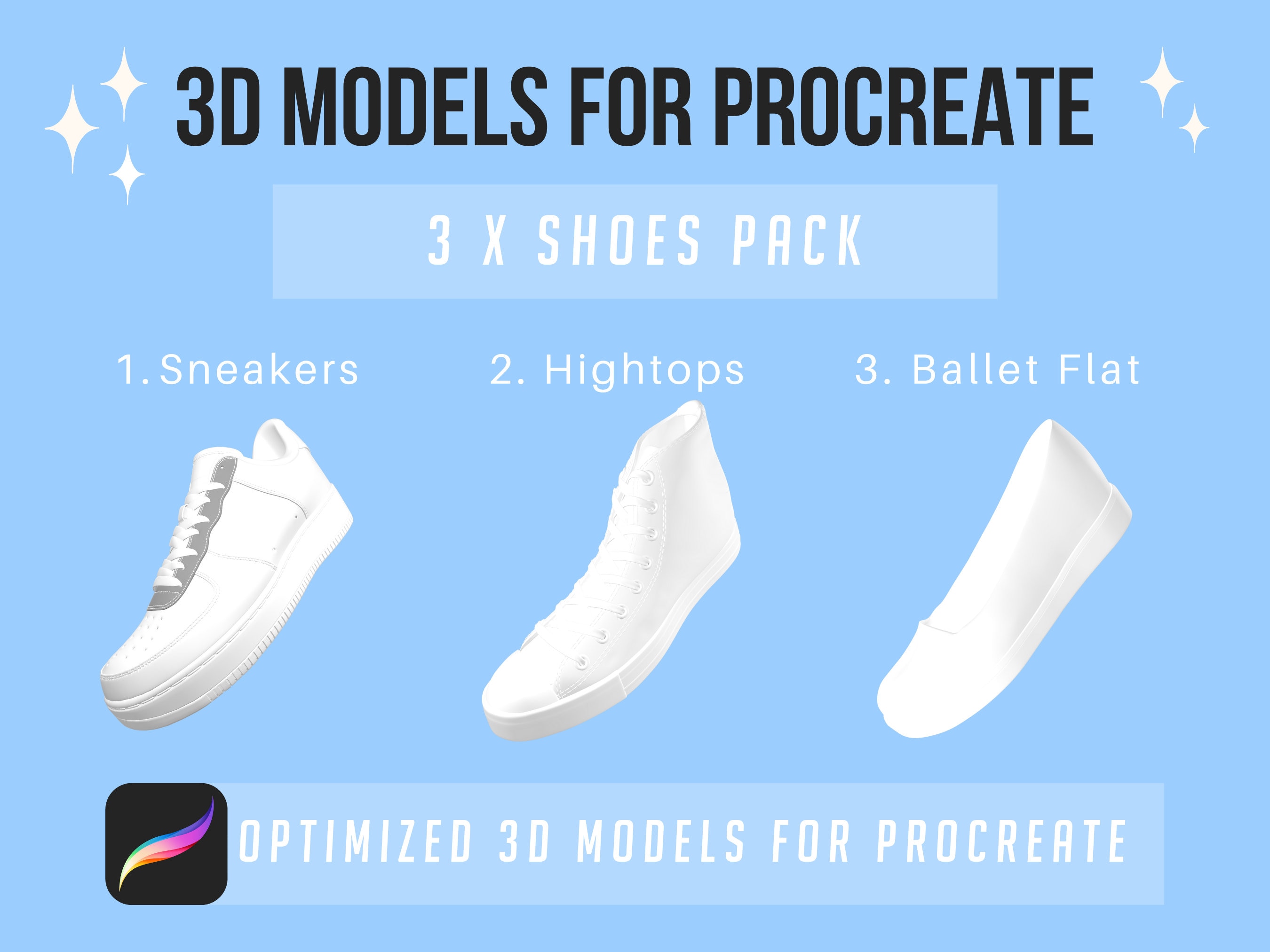 3 X Shoes 3D Procreate Model Pack Sneakers Hightop Ballet Shoe 3D ...