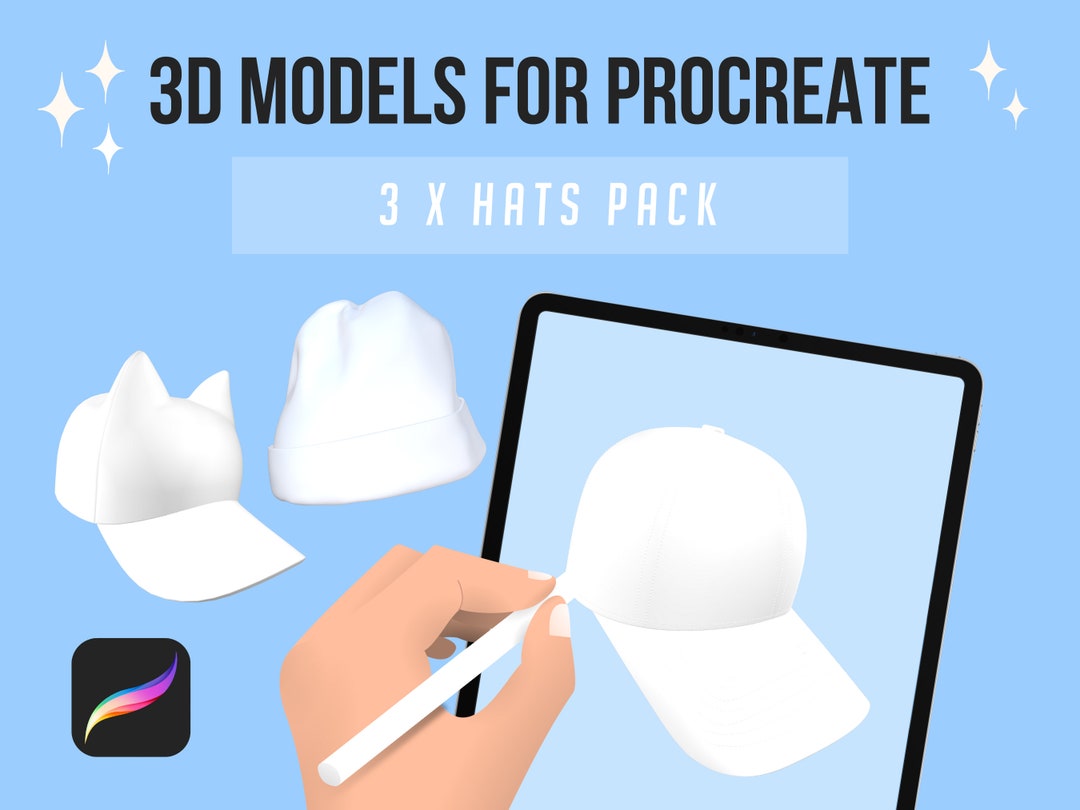 3 X Hats 3D Procreate Model Pack Baseball Hat Beanie Cat Ears 3D ...