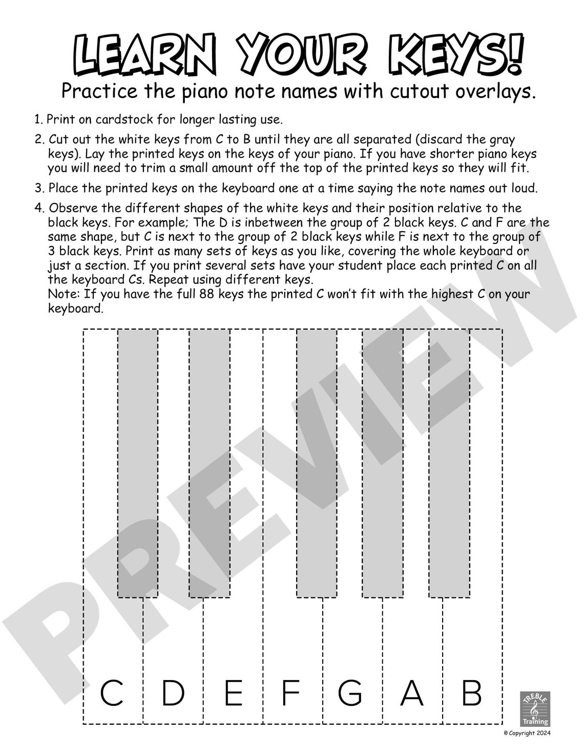 Learn the Names of the Piano Keys- Cut Out Overlays to Memorize Names ...