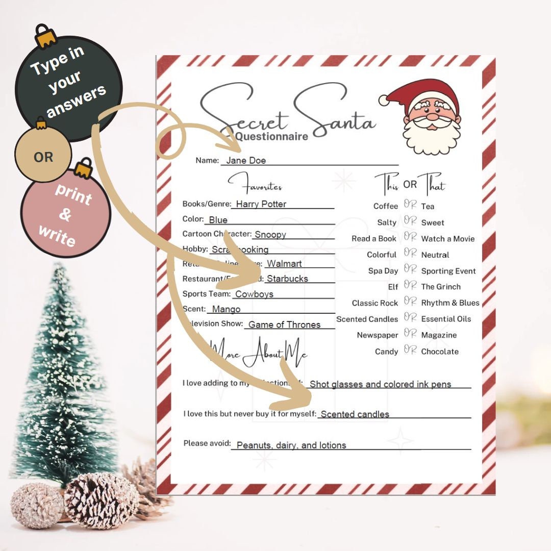Secret Santa Questionnaire Printable PDF Printable Wish List - Etsy