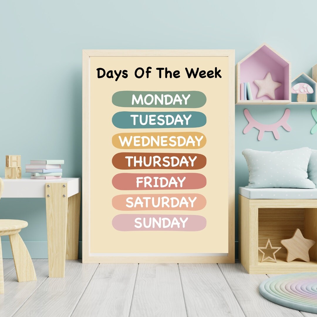 EDUCATIONAL POSTER Days of the Week, Rainbow Nursery Homeschool Prints ...