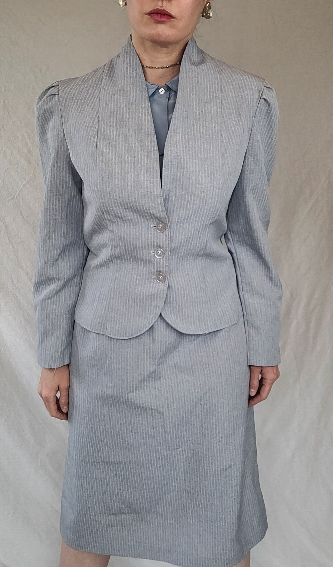 Vintage 1970s Gray Pinstripe Blazer and Skirt Suit Set in Size Medium ...