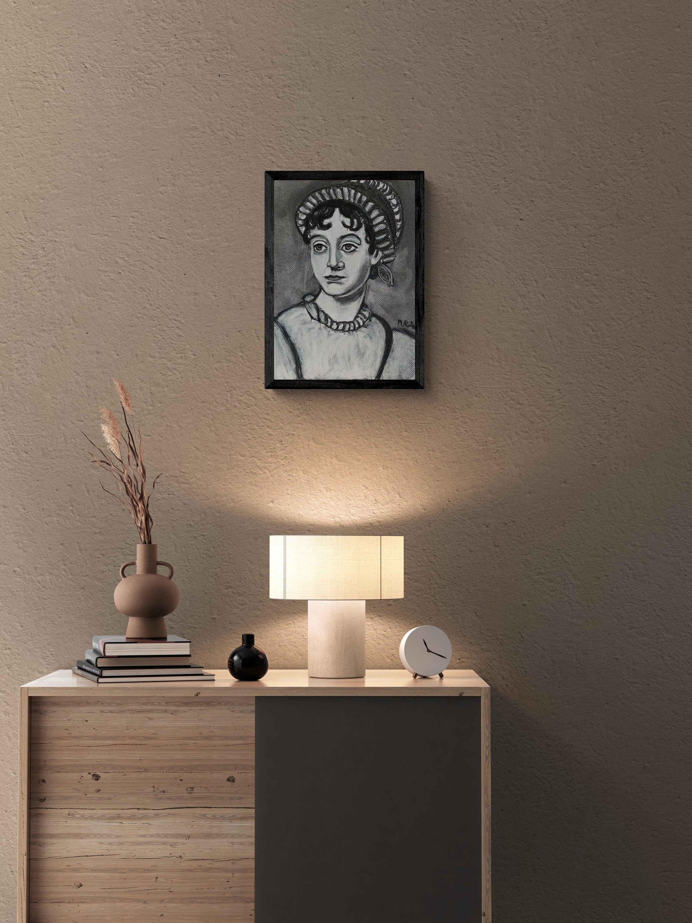 Jane Austen Original Charcoal and Pastel Drawing, Vintage Style, Hand ...