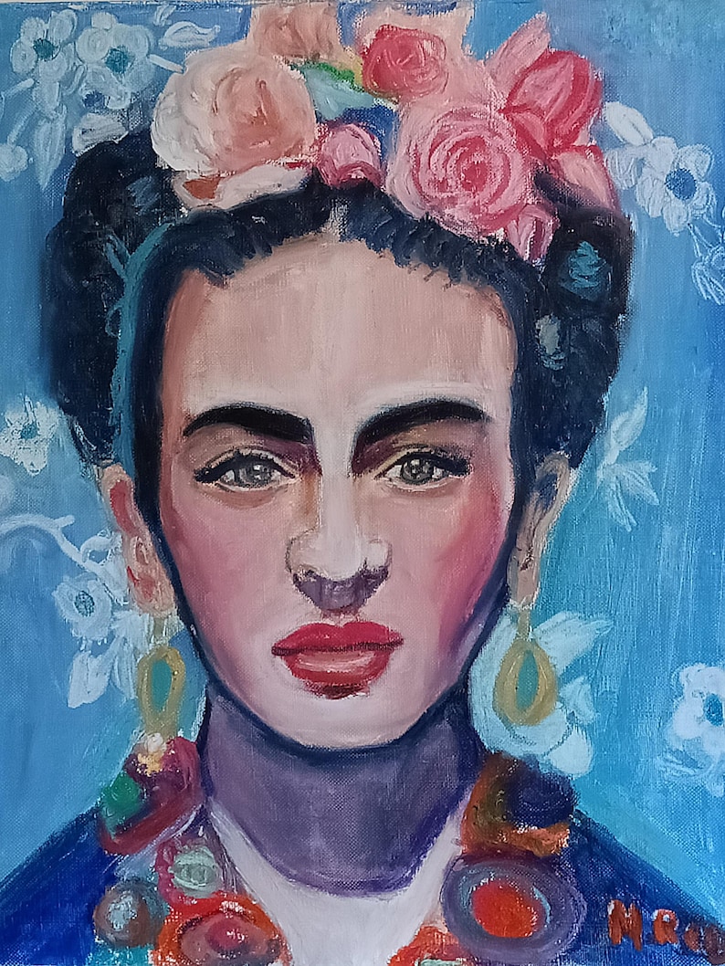 Frida Kahlo Original Oil Pastel Painting on Linen Canvas 33x41 Cm, Blue ...