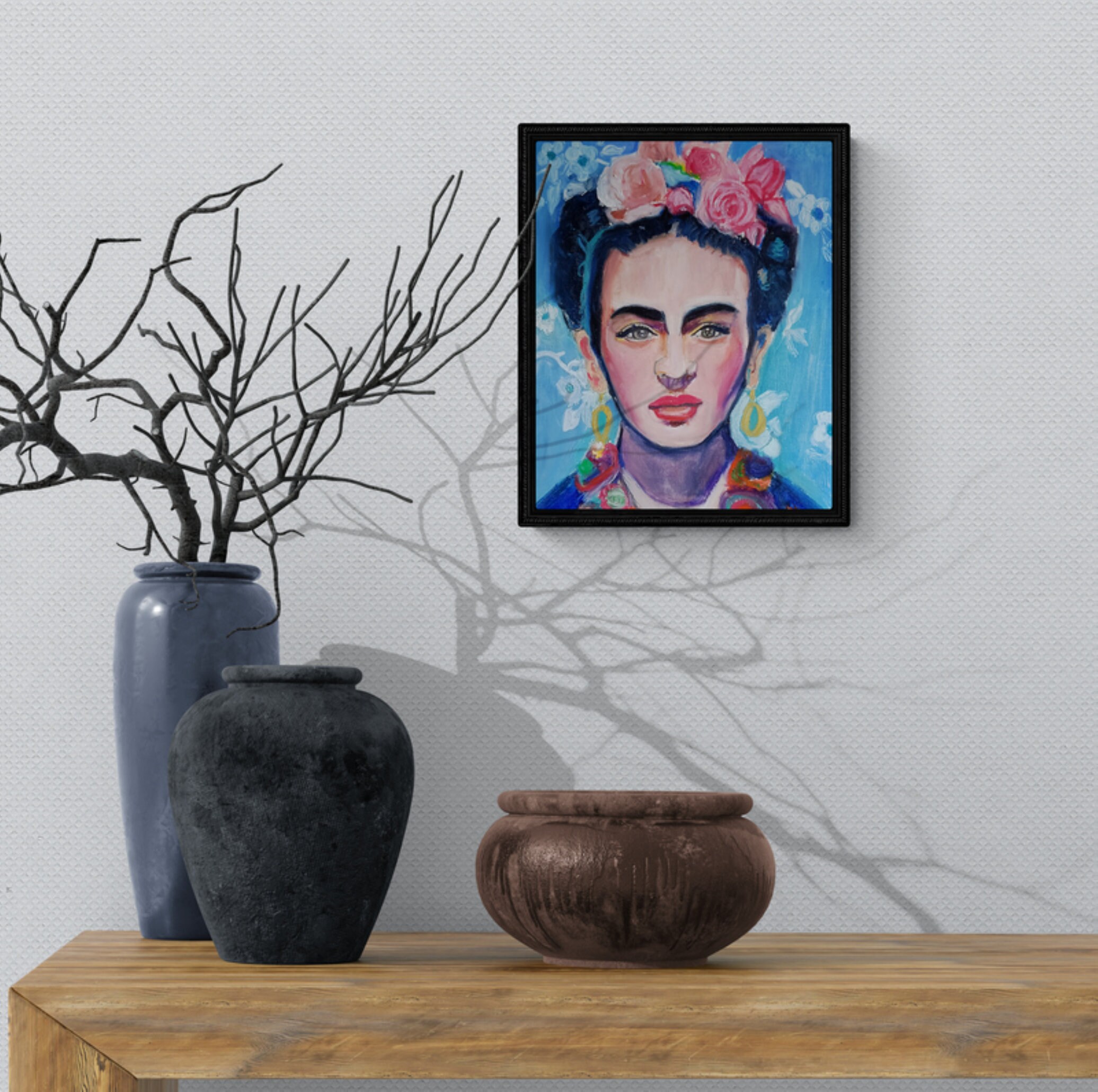 Frida Kahlo Original Oil Pastel Painting on Linen Canvas 33x41 Cm, Blue Painting, Pop Art Frida ...
