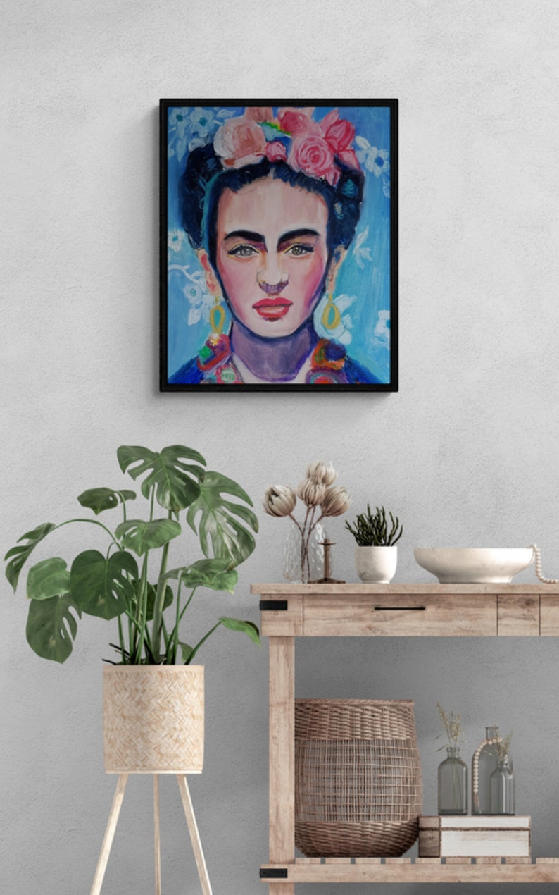 Frida Kahlo Original Oil Pastel Painting on Linen Canvas 33x41 Cm, Blue Painting, Pop Art Frida ...