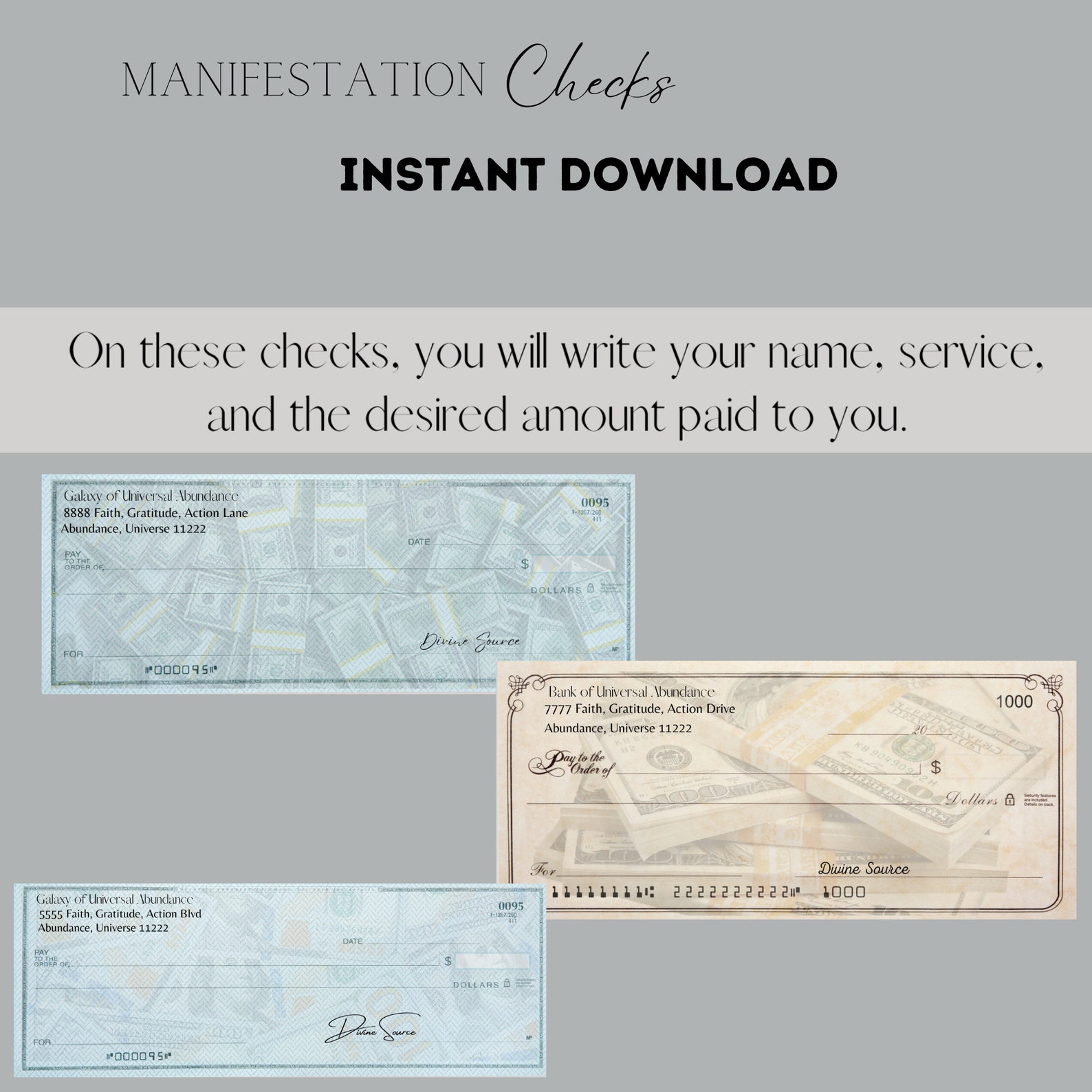 Printable Manifestation Checks, Law of Attraction Checks, Abundance ...