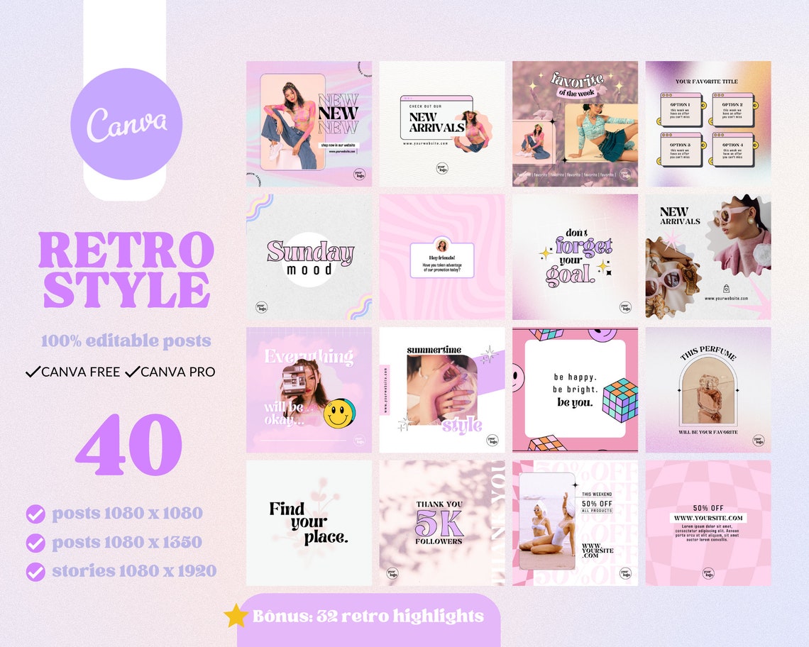 40 Retro Style Editable Canva Pack 90s | Canva Template | Social Media ...