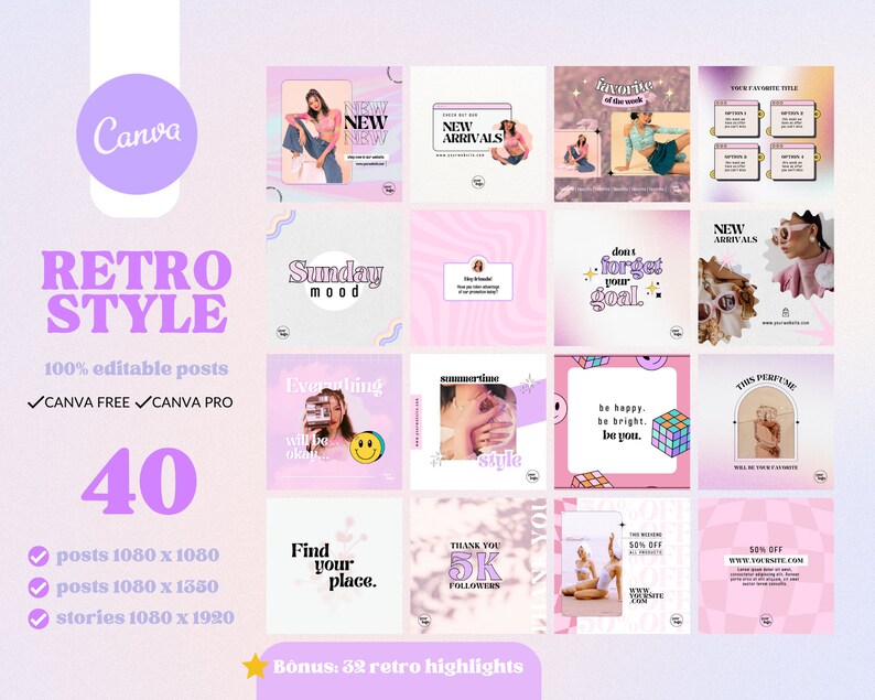 40 Retro Style Editable Canva Pack 90s | Canva Template | Social Media ...
