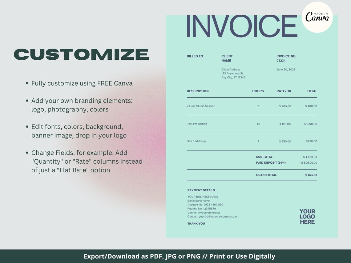 Invoice Template, Editable Invoice, Canva Template, Invoice Template ...