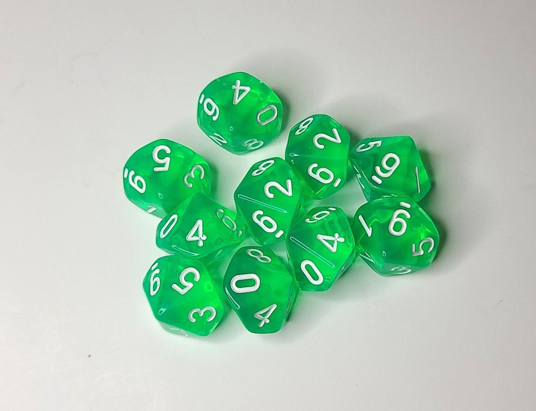 Green Set of 10 D10 Dice - Translucent Green Dice - 16mm - RPG Tool ...