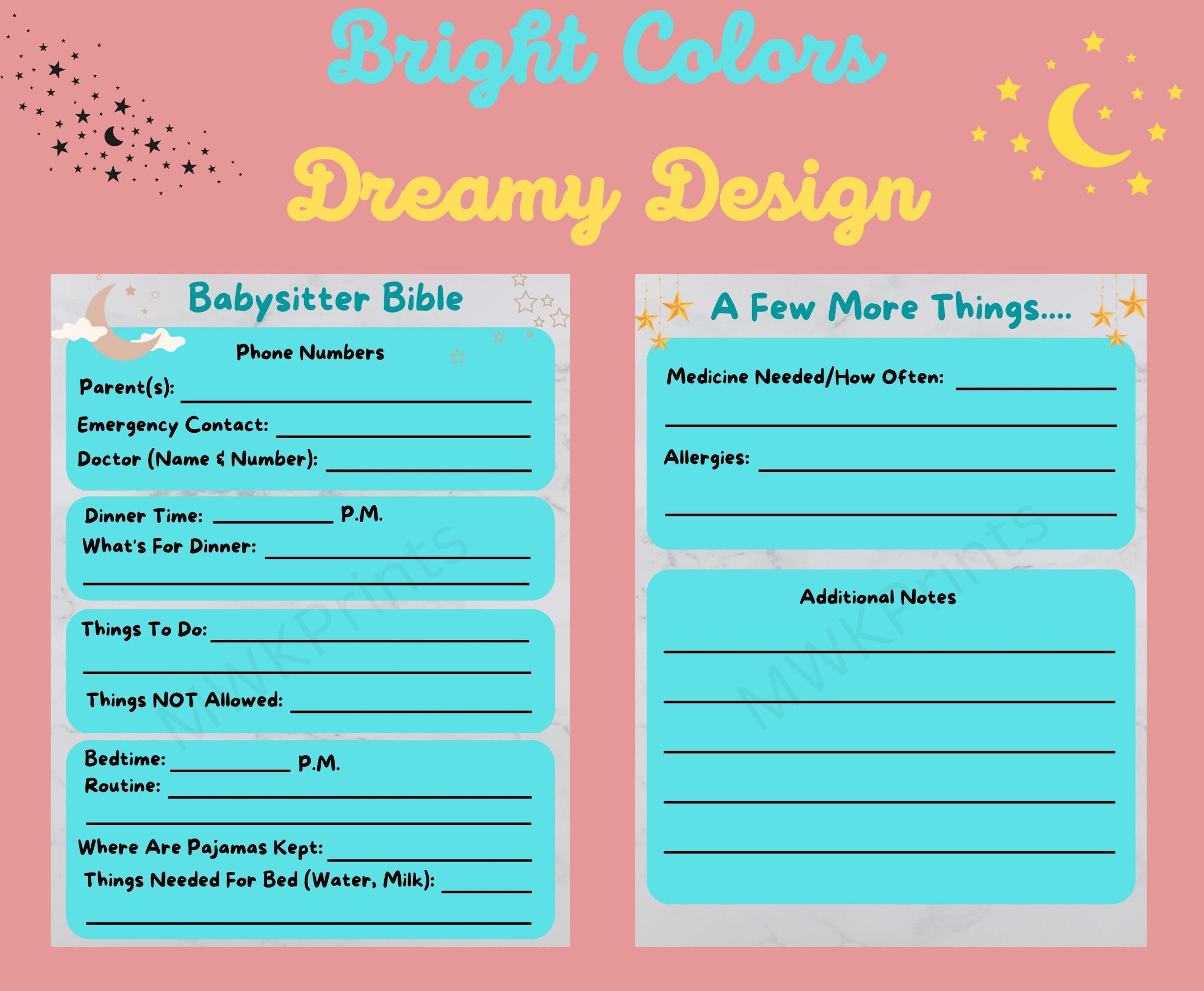 Babysitter and Caregiver Notes Printable Moon and Stars Theme - Etsy