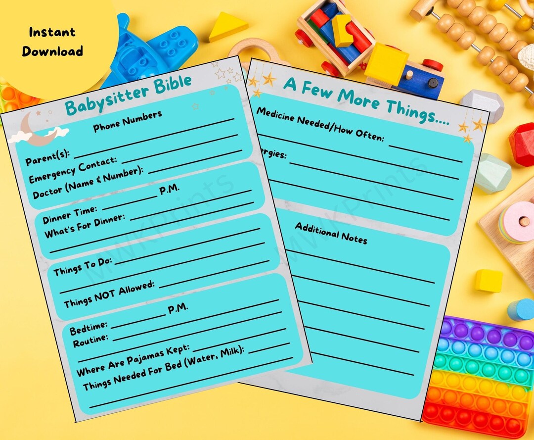 Babysitter and Caregiver Notes, Printable Moon and Stars Theme ...