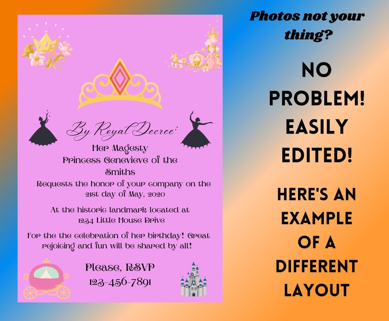 Editable Party Invitation With Photo Printable Princess Party Decor