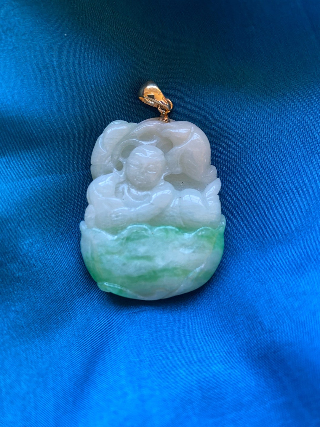 Carved Baby Buddha Jade Pendant With 14K Gold white W/green - Etsy